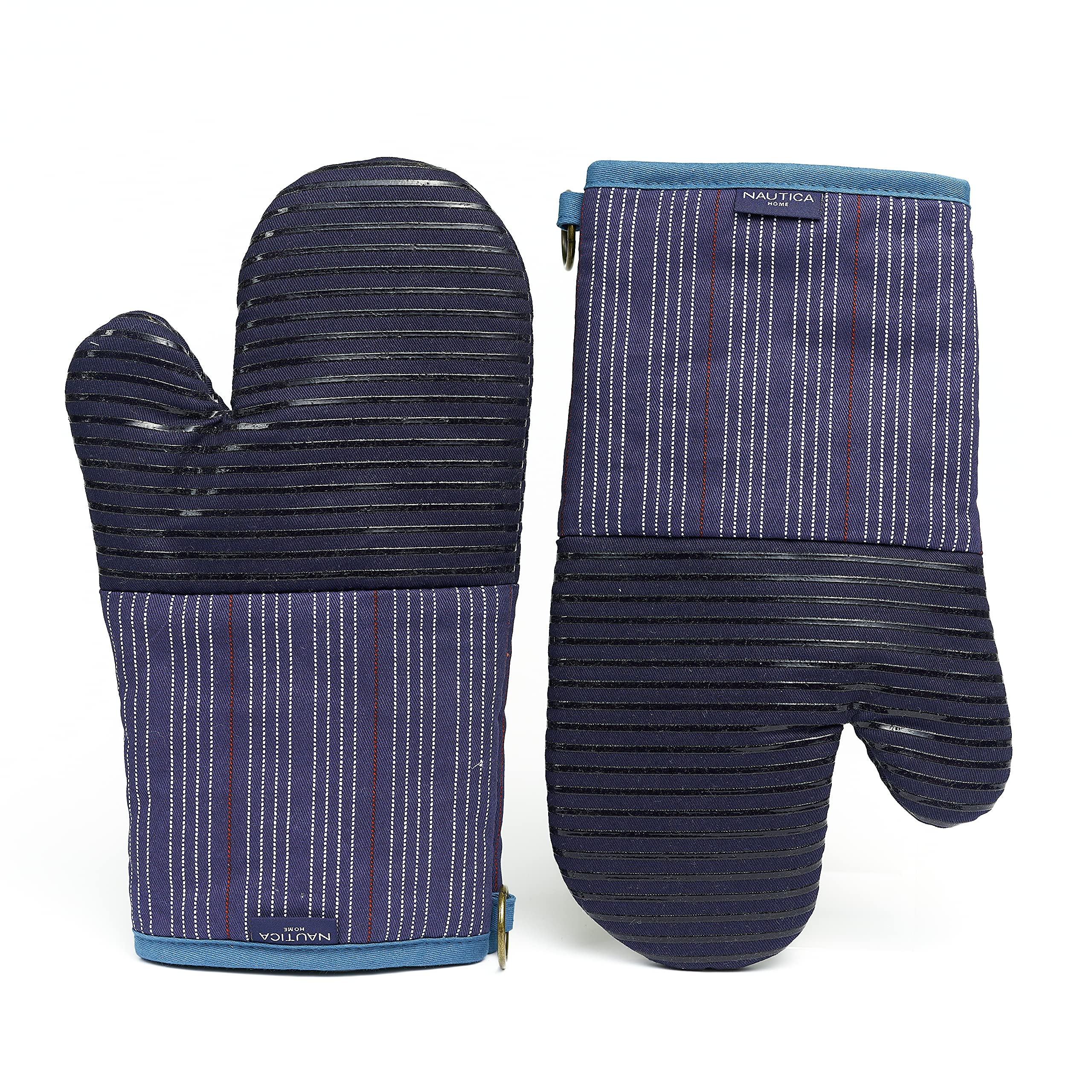 NAUTICA Home - Kitchen Oven Mitts with Silicone Grip, Heat Resistant up to 500 Degrees F, Cotton Potholders for Cooking, Set of 2, Navy 2-Way Stripes