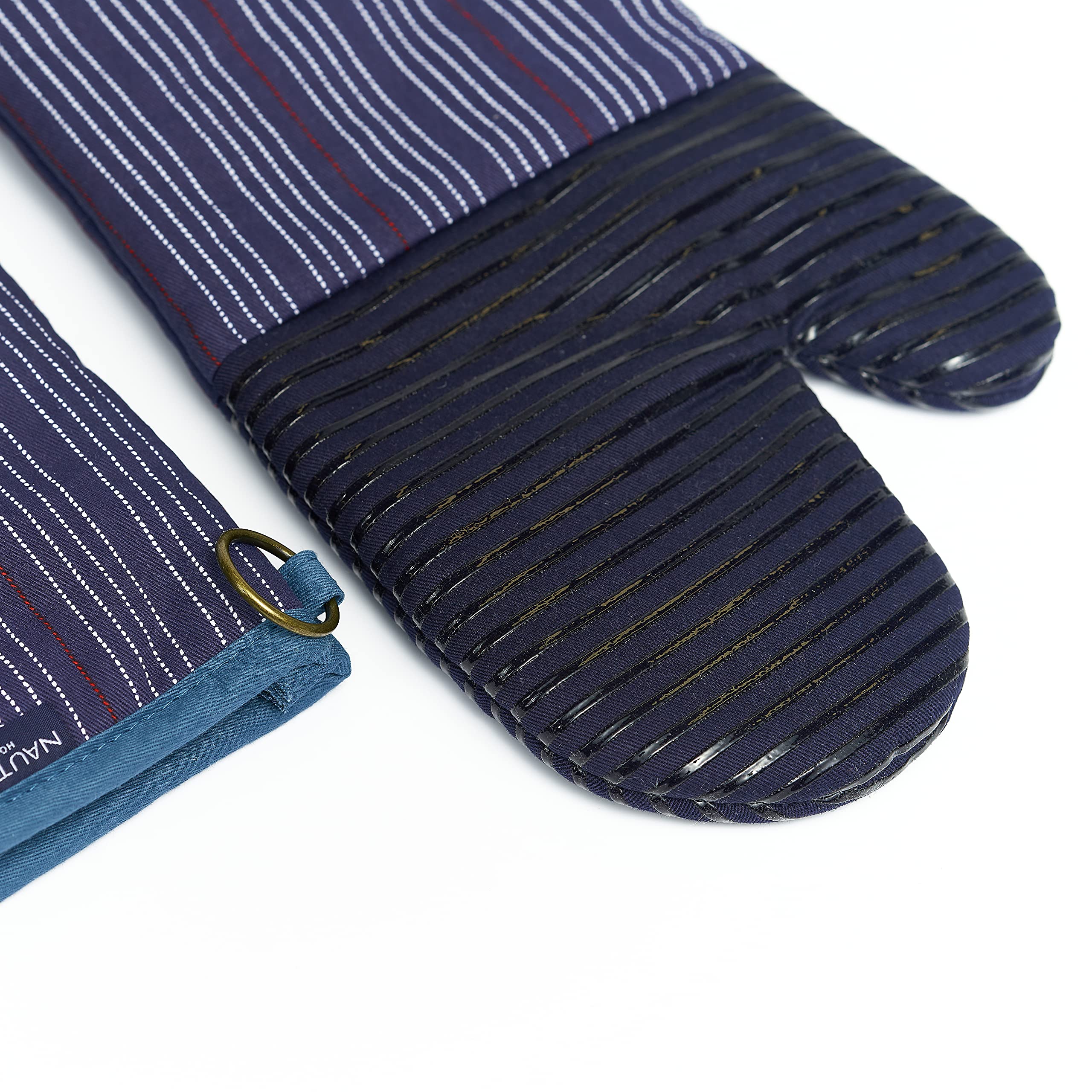 NAUTICA Home - Kitchen Oven Mitts with Silicone Grip, Heat Resistant up to 500 Degrees F, Cotton Potholders for Cooking, Set of 2, Navy 2-Way Stripes