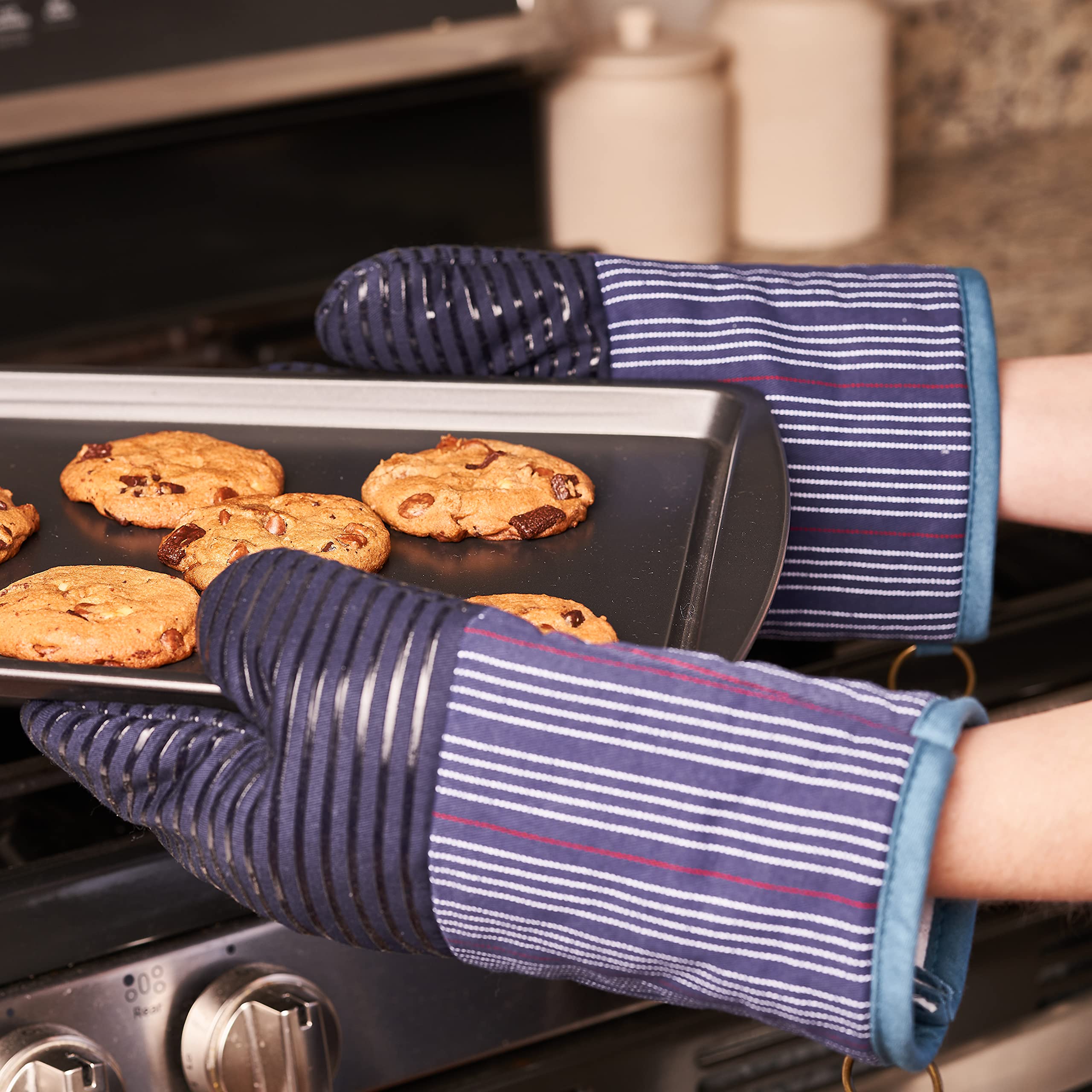 NAUTICA Home - Kitchen Oven Mitts with Silicone Grip, Heat Resistant up to 500 Degrees F, Cotton Potholders for Cooking, Set of 2, Navy 2-Way Stripes