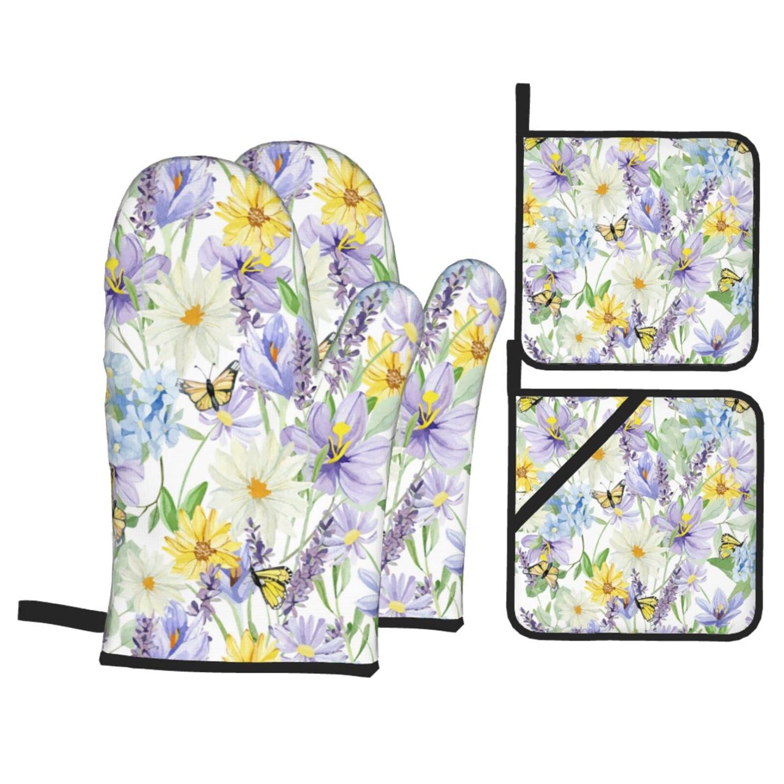 Oven Mitts and Pot Holders Sets 4 Piece, Retro Pastel Flowers Lavender Butterfly Oven Gloves Heat Resistant Non-Slip for Kitchen Cooking Grilling Baking