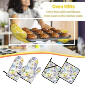 Oven Mitts and Pot Holders Sets 4 Piece, Retro Pastel Flowers Lavender Butterfly Oven Gloves Heat Resistant Non-Slip for Kitchen Cooking Grilling Baking