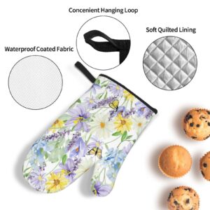 Oven Mitts and Pot Holders Sets 4 Piece, Retro Pastel Flowers Lavender Butterfly Oven Gloves Heat Resistant Non-Slip for Kitchen Cooking Grilling Baking