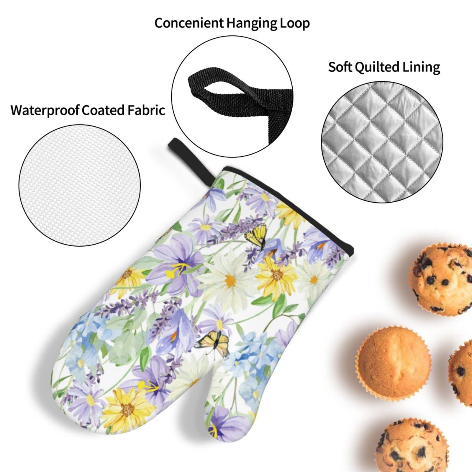 Oven Mitts and Pot Holders Sets 4 Piece, Retro Pastel Flowers Lavender Butterfly Oven Gloves Heat Resistant Non-Slip for Kitchen Cooking Grilling Baking