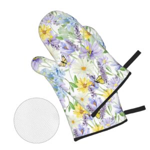 Oven Mitts and Pot Holders Sets 4 Piece, Retro Pastel Flowers Lavender Butterfly Oven Gloves Heat Resistant Non-Slip for Kitchen Cooking Grilling Baking