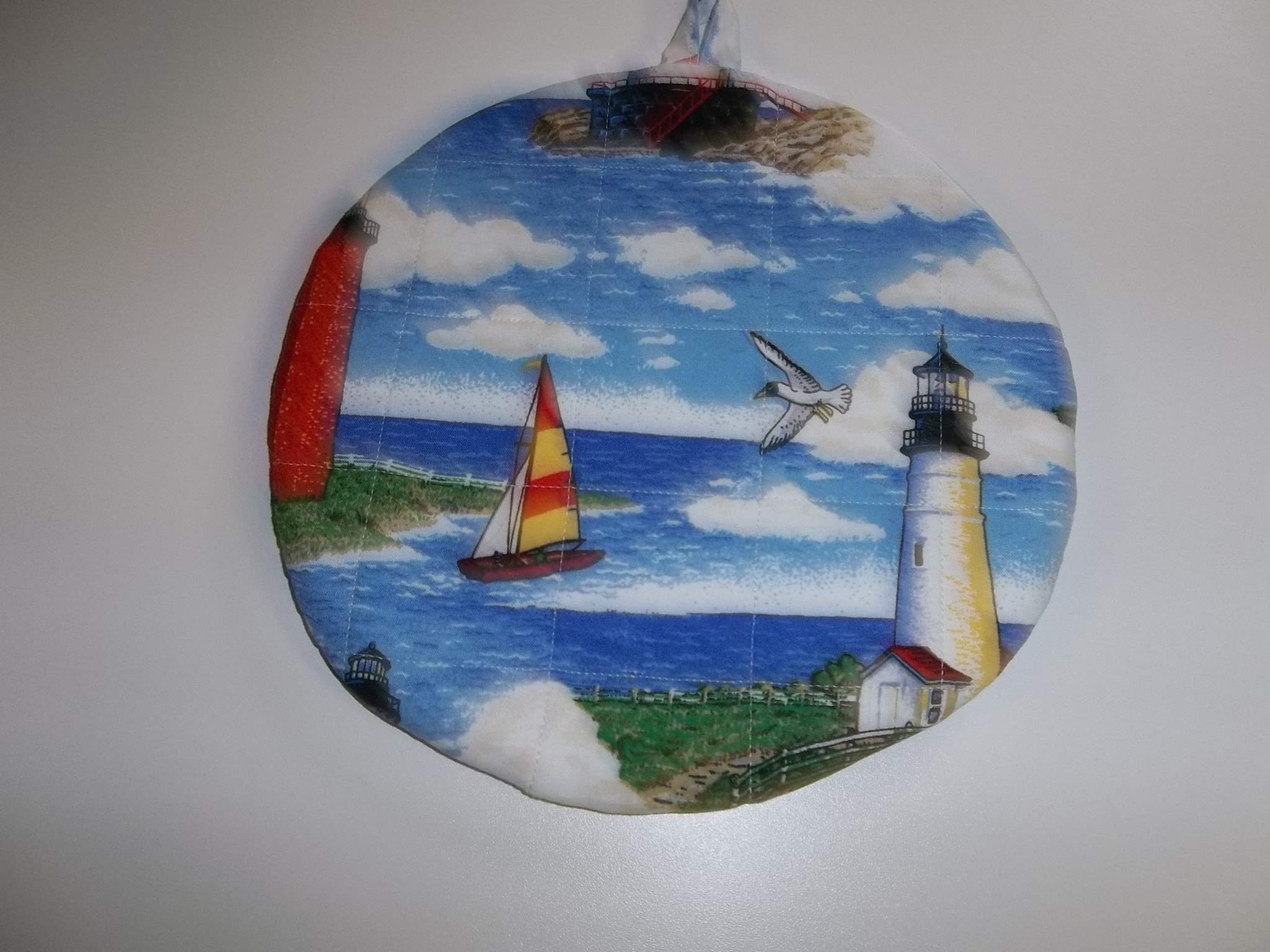 Quilted Pot Holders Hot Pads Lighthouse Potholders Fabric Round Handmade Trivet Double Insulated 9 Inches