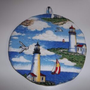 Quilted Pot Holders Hot Pads Lighthouse Potholders Fabric Round Handmade Trivet Double Insulated 9 Inches