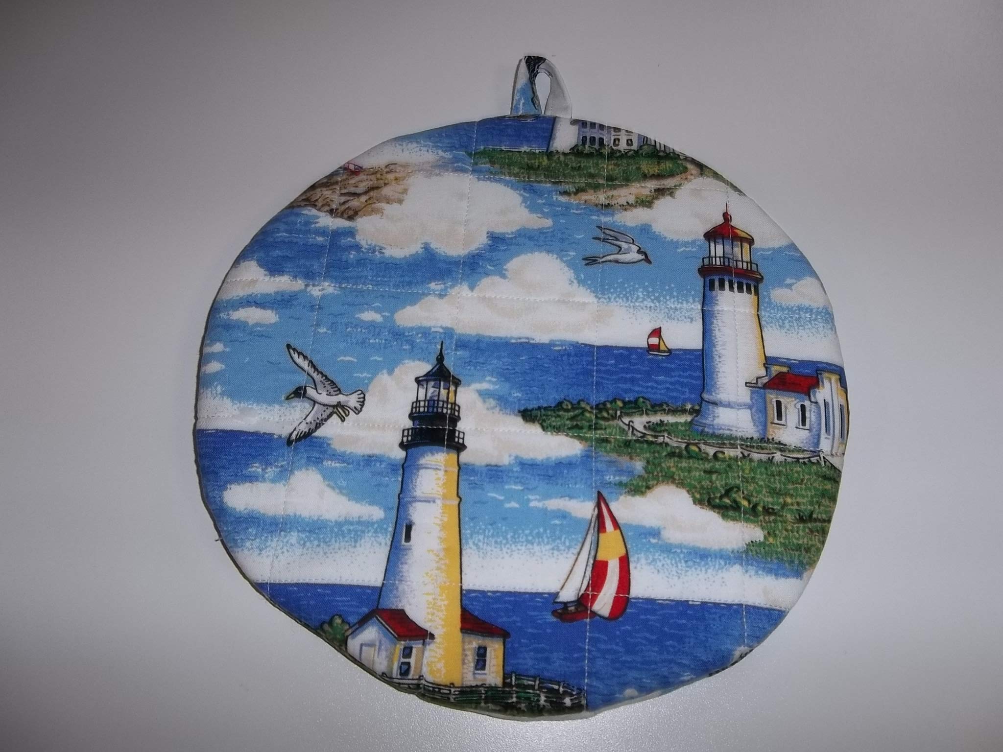 Quilted Pot Holders Hot Pads Lighthouse Potholders Fabric Round Handmade Trivet Double Insulated 9 Inches