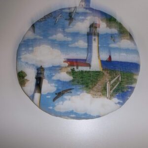 Quilted Pot Holders Hot Pads Lighthouse Potholders Fabric Round Handmade Trivet Double Insulated 9 Inches