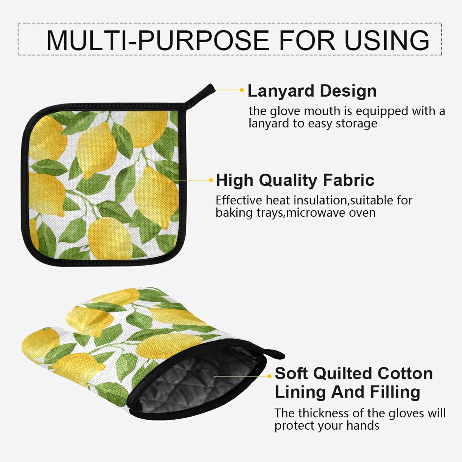 ALAZA Summer Lemon Fruit Leaves Watercolor Oven Mitt and Pot Holder Set Heat Resistant Kitchen Glove for Cooking Baking Grilling Barbecue