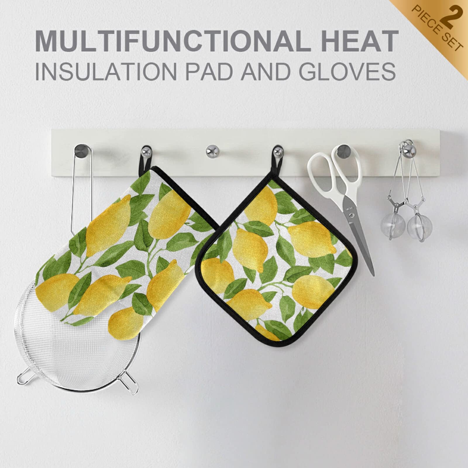 ALAZA Summer Lemon Fruit Leaves Watercolor Oven Mitt and Pot Holder Set Heat Resistant Kitchen Glove for Cooking Baking Grilling Barbecue