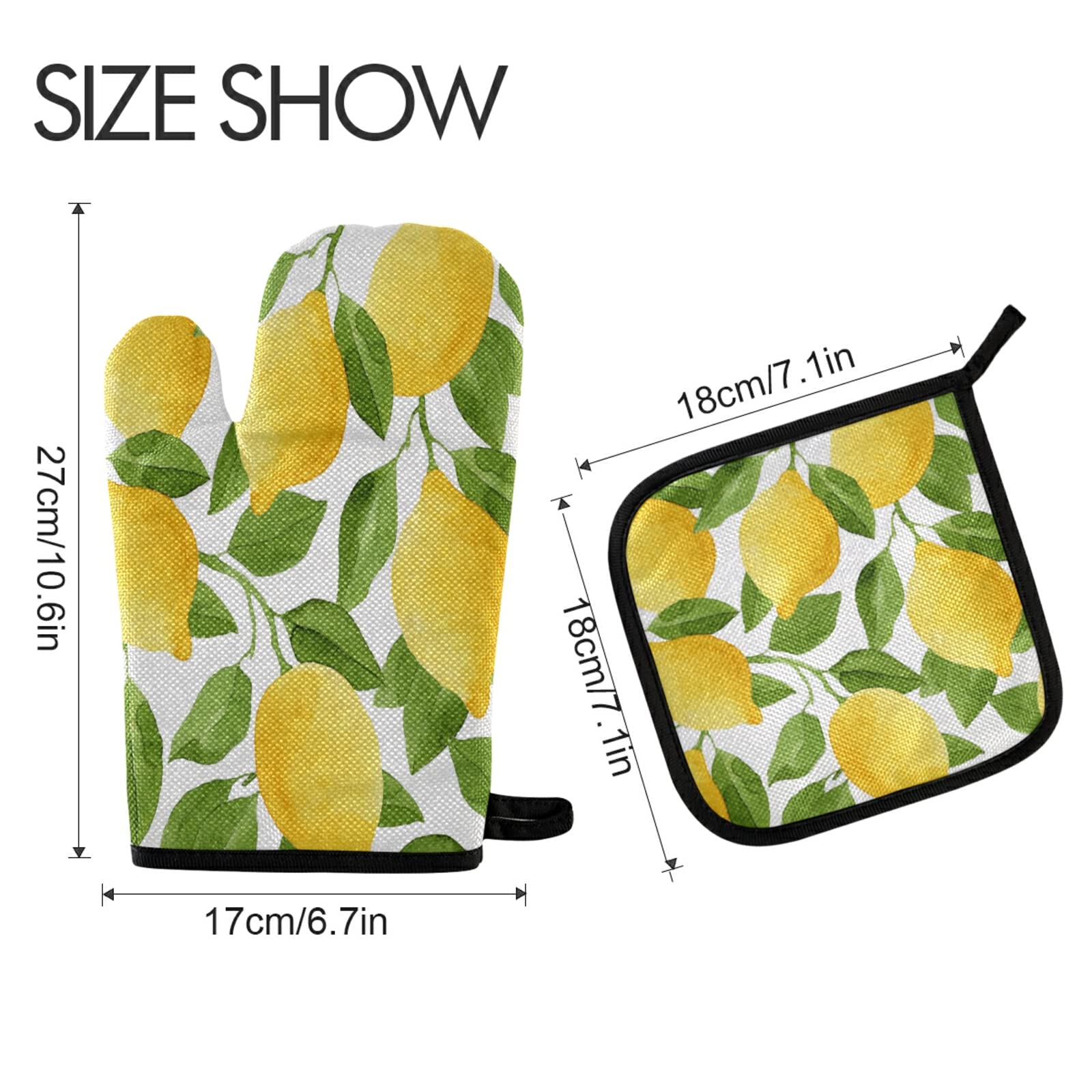 ALAZA Summer Lemon Fruit Leaves Watercolor Oven Mitt and Pot Holder Set Heat Resistant Kitchen Glove for Cooking Baking Grilling Barbecue