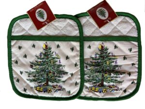 2 pc spode christmas tree pot holders oven mitt square bundle