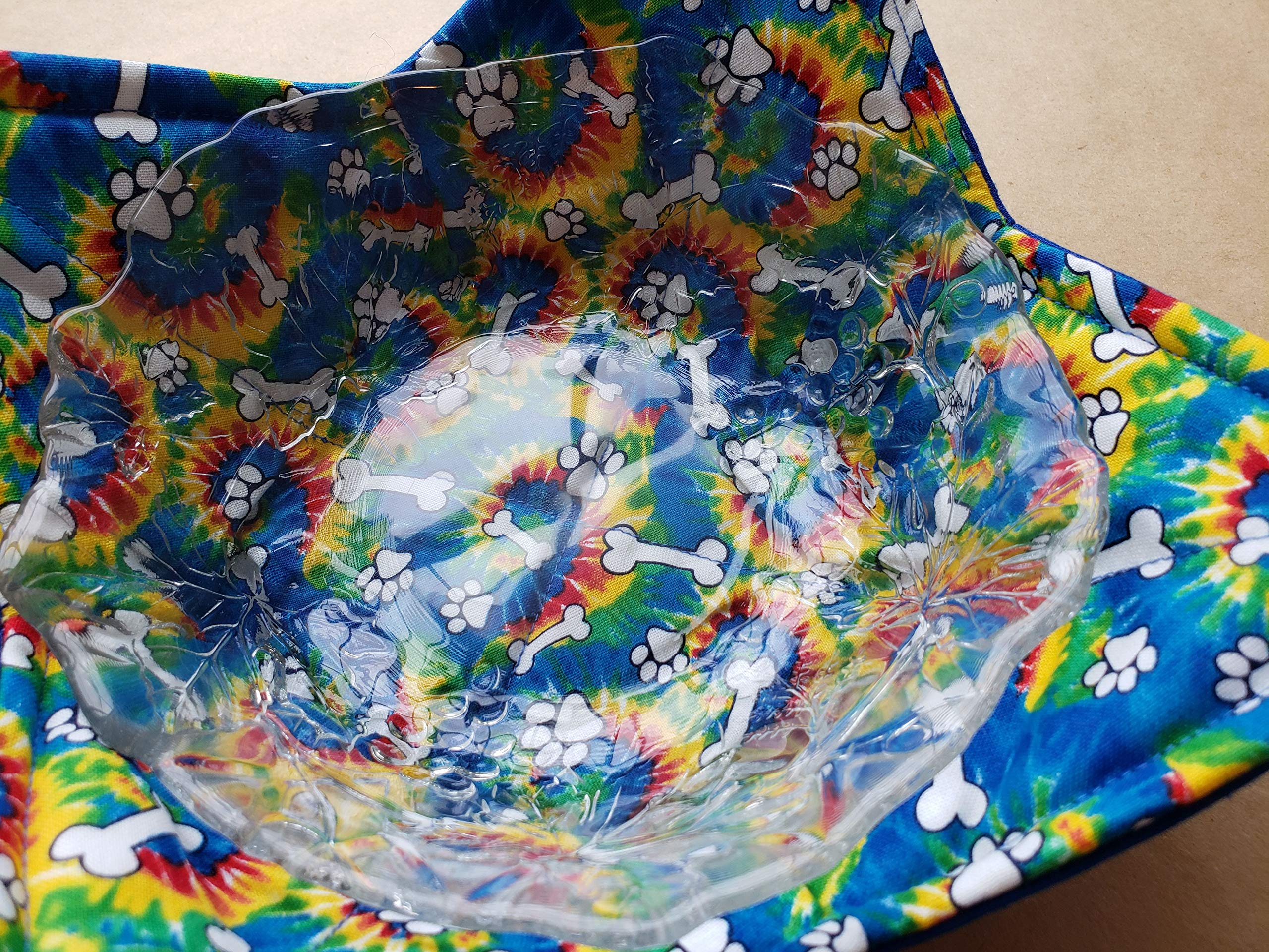 Tie Dye Dog Bone Paw Print Microwave Bowl Cozy Hippie Puppy Reversible Microwaveable Potholder Bowl Buddy BoHo Bohemian Puppy Kitchen Linens Handmade Housewarming Hostess Gifts Under 10