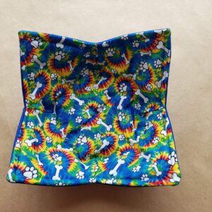 Tie Dye Dog Bone Paw Print Microwave Bowl Cozy Hippie Puppy Reversible Microwaveable Potholder Bowl Buddy BoHo Bohemian Puppy Kitchen Linens Handmade Housewarming Hostess Gifts Under 10