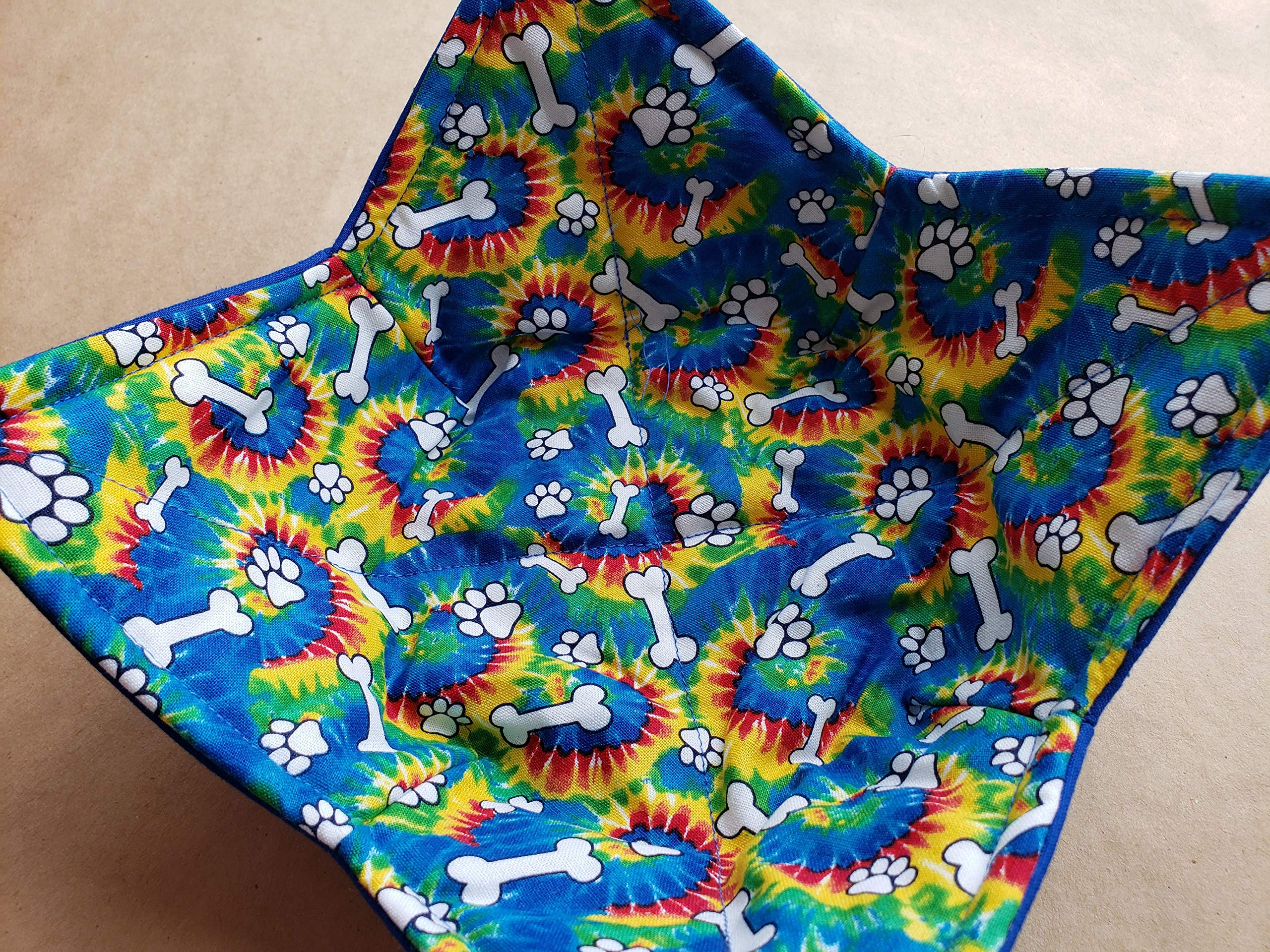 Tie Dye Dog Bone Paw Print Microwave Bowl Cozy Hippie Puppy Reversible Microwaveable Potholder Bowl Buddy BoHo Bohemian Puppy Kitchen Linens Handmade Housewarming Hostess Gifts Under 10