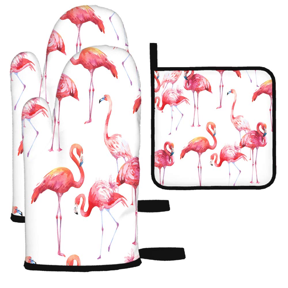 Moslion Outdoor Tropical Flamingo Oven Mitts and Potholders Watercolor Pink Flamingos Birds Animals Exotic Cute BBQ Gloves-Oven Mitts Pot Holders Cooking Gloves for Cooking Baking Grilling