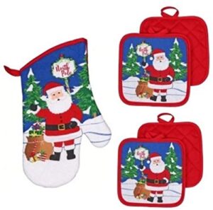 coco north pole santa christmas oven mitt and potholders set, holiday kitchen decor baking pot holder bundle (3 pieces)