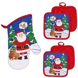 COCO North Pole Santa Christmas Oven Mitt and Potholders Set, Holiday Kitchen Decor Baking Pot Holder Bundle (3 Pieces)