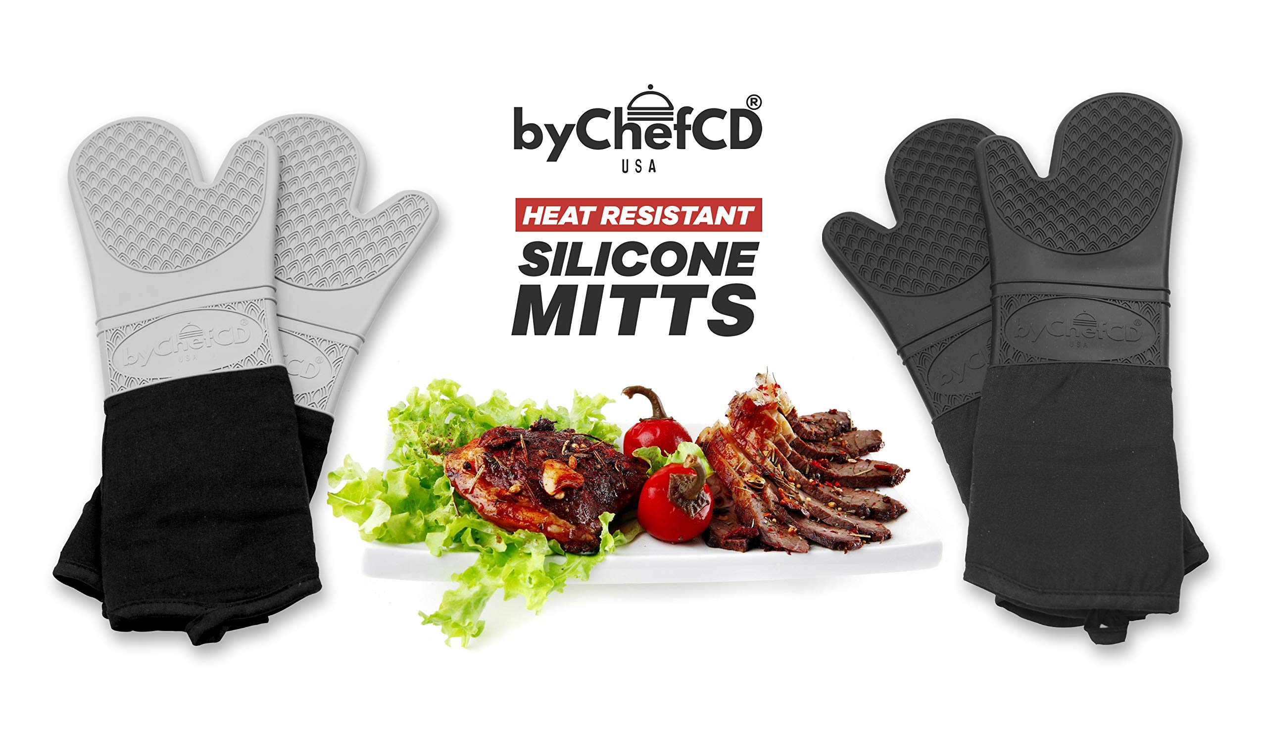 Extra Long Silicone Oven Mitts - Silicone Mitts, Heat Resistant Mitts, Non-Slip Professional Cooking Mitts, Kitchen Potholders and Oven Mitts, Heat Resistant Grill Gloves, Oven Mitts (Black, X-Long)