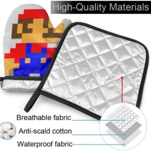 HENGE Pixel Mario Oven Mitts and Pot Holders Sets of 2,Resistant Hot Pads,Flexible Cooking Oven Gloves for Microwave BBQ Cooking Baking Grilling