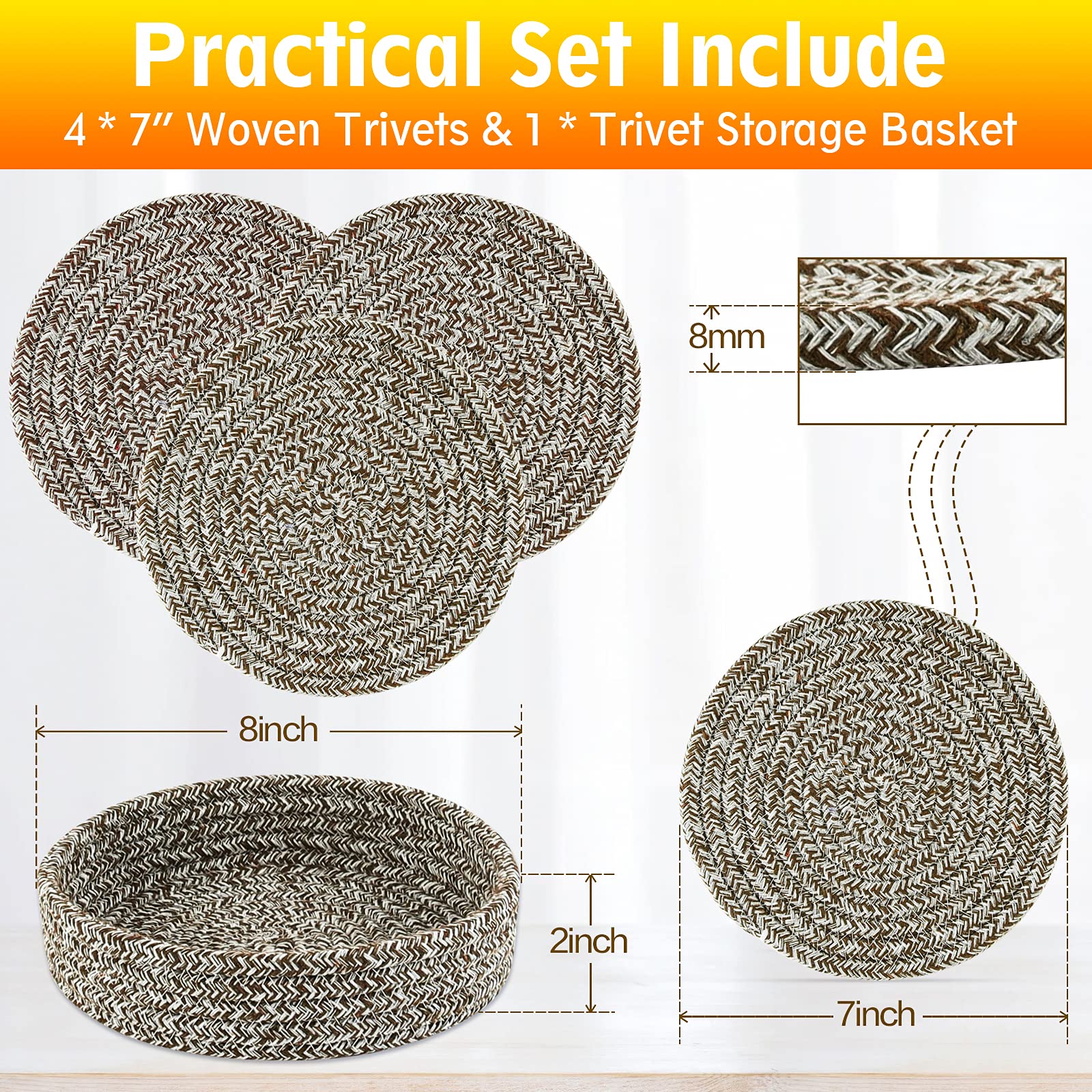 Pot Holders Trivets Set, 4 Pcs 7 Inch 100% Cotton Thread Weave Pot Holders & 1 Pack Kitchen Woven Storage Basket, Heat Resistant Potholders Woven Trivet Placemats for Hot Dishes Plates, Brown