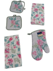 jabecs 5 pieces spring flowers 2 pot holder 2 kitchen towels 1 cooking oven mittens. (5, polyester, microfiber, cotton)