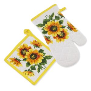 boston international cotton oven mitt and pot holder, set of 2, 8 x 13-inches and 7.5 x 7.5-inches, colourful sunflowers