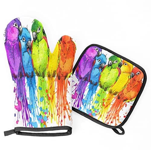 QsirBC Rainbow Color Parrots Oven Mitts Kitchen Oven Gloves for Cooking Baking Heat Resistant Lining Cotton Potholder Pot Holders Hot Pads for Chef Women Men