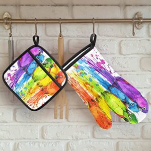 QsirBC Rainbow Color Parrots Oven Mitts Kitchen Oven Gloves for Cooking Baking Heat Resistant Lining Cotton Potholder Pot Holders Hot Pads for Chef Women Men