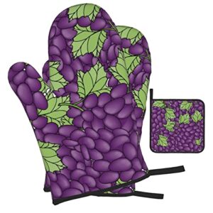 Grape Oven Mitts and Pot Holders Sets for Kitchen Heat Resistant Oven Mit Gloves Non Slip Hot Pads for Cooking Grill Purple