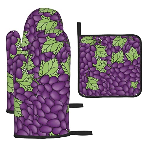 Grape Oven Mitts and Pot Holders Sets for Kitchen Heat Resistant Oven Mit Gloves Non Slip Hot Pads for Cooking Grill Purple