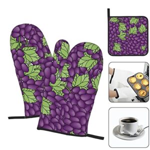 Grape Oven Mitts and Pot Holders Sets for Kitchen Heat Resistant Oven Mit Gloves Non Slip Hot Pads for Cooking Grill Purple