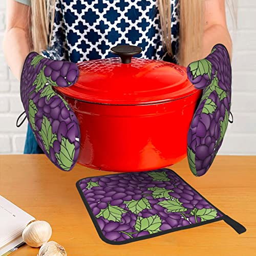 Grape Oven Mitts and Pot Holders Sets for Kitchen Heat Resistant Oven Mit Gloves Non Slip Hot Pads for Cooking Grill Purple