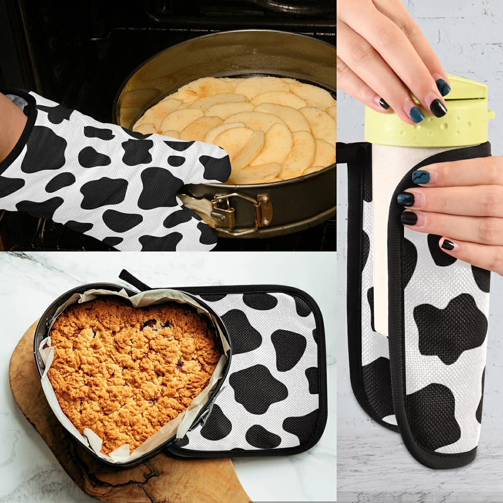 Oven Mitts and Pot Holders Set High Insulated Oven Gloves with Heat Insulation Pad Cow Print Soft Cotton Lining and Non-Slip Surface Kitchen Mitten for Safe BBQ Cooking Baking