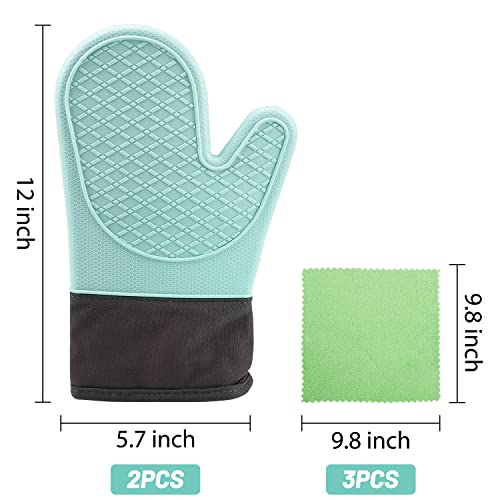 MKLINSIYU Silicone Kitchen Oven Mitts，Heat Resistant 500 Degrees，Oven Mitts Set，Waterproof Flexible Glove and Quilted Liner for Oven Cooking, Grill & BBQ (Mint Green), 12 x 5.7 x 0.75 inches