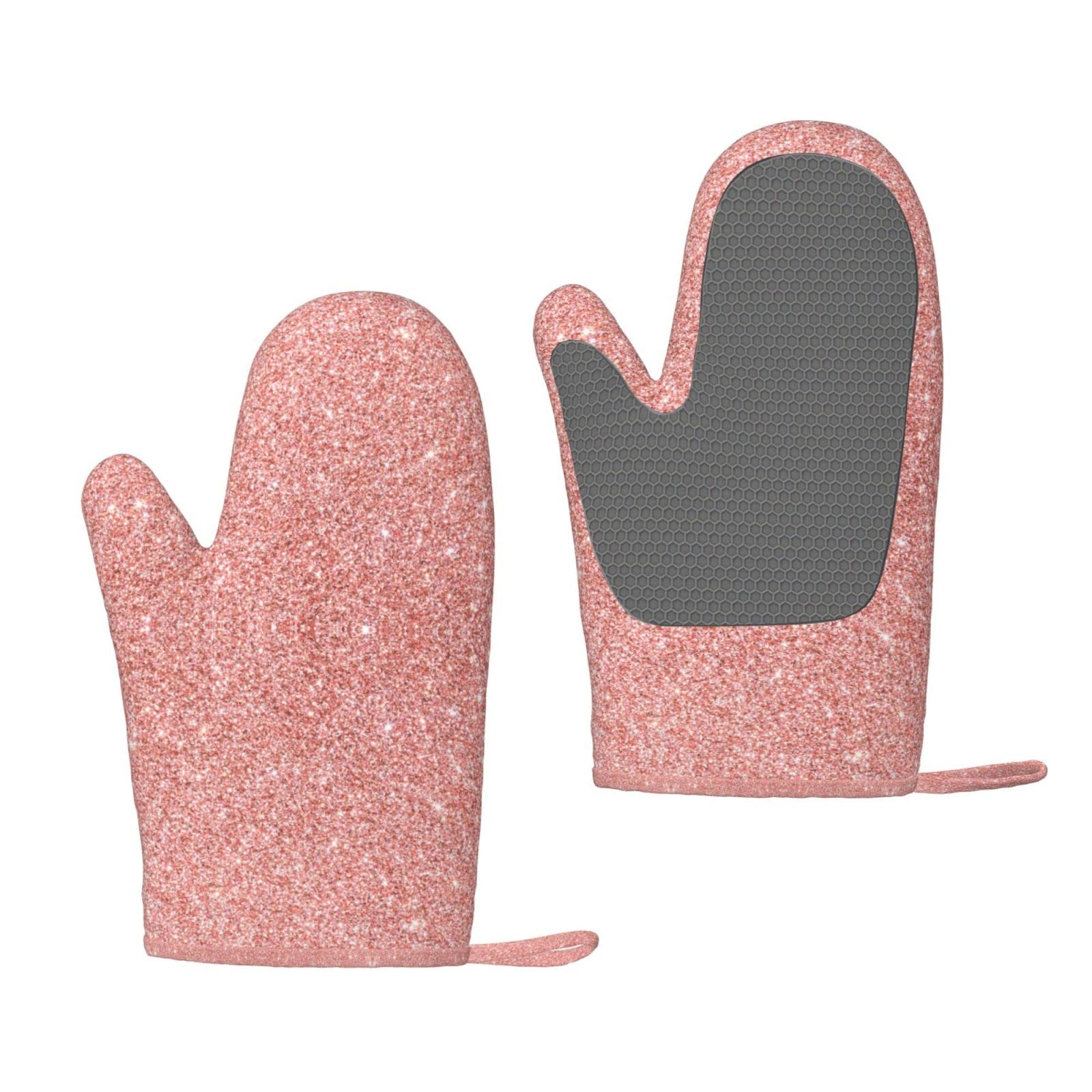 Oven Mitts Heat Resistant Silicone and Polyester Rose Gold Pink Glitter Print Kitchen Mitts Thick Oven Gloves for Cooking, BBQ, Baking, Grill, Pizza Pair