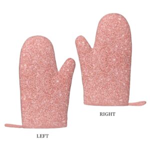 Oven Mitts Heat Resistant Silicone and Polyester Rose Gold Pink Glitter Print Kitchen Mitts Thick Oven Gloves for Cooking, BBQ, Baking, Grill, Pizza Pair