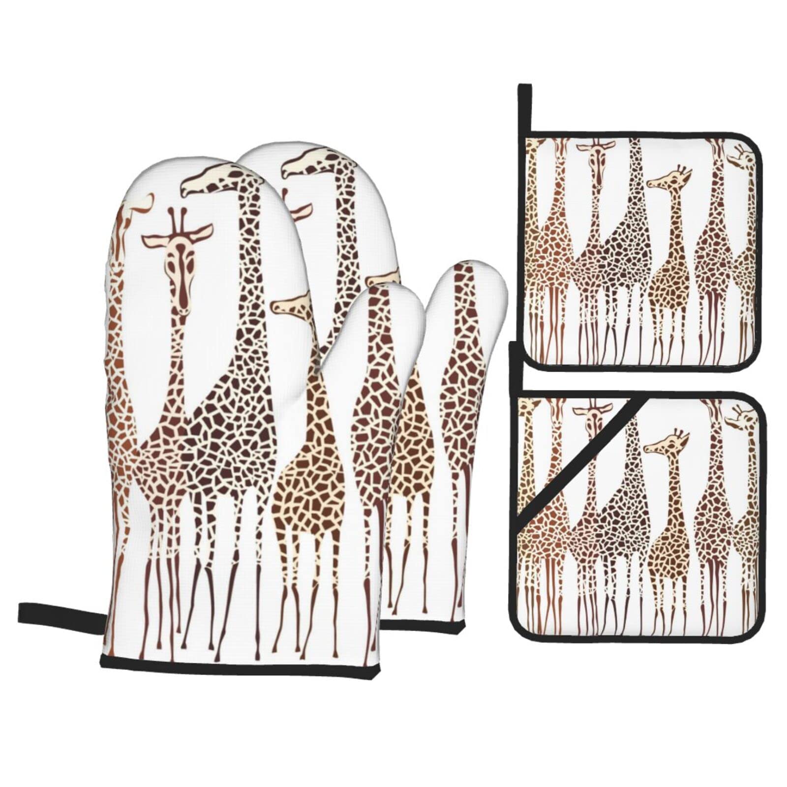 Cute Wild Cartoon Giraffes Oven Mitts and Pot Holders Sets,Washable Heat Resistant Kitchen Non-Slip Printed Grip Oven Gloves for Microwave BBQ Cooking Baking Grilling