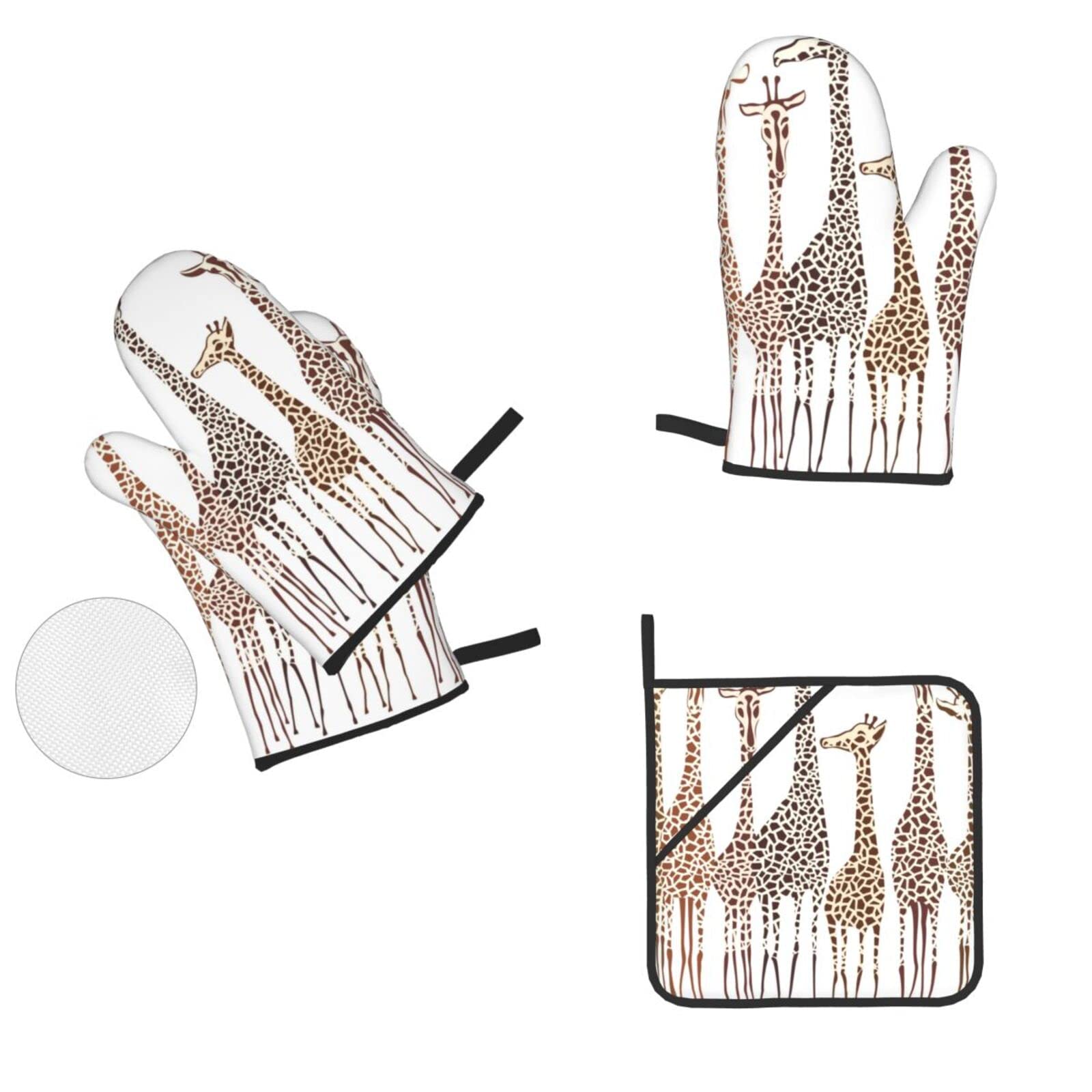 Cute Wild Cartoon Giraffes Oven Mitts and Pot Holders Sets,Washable Heat Resistant Kitchen Non-Slip Printed Grip Oven Gloves for Microwave BBQ Cooking Baking Grilling