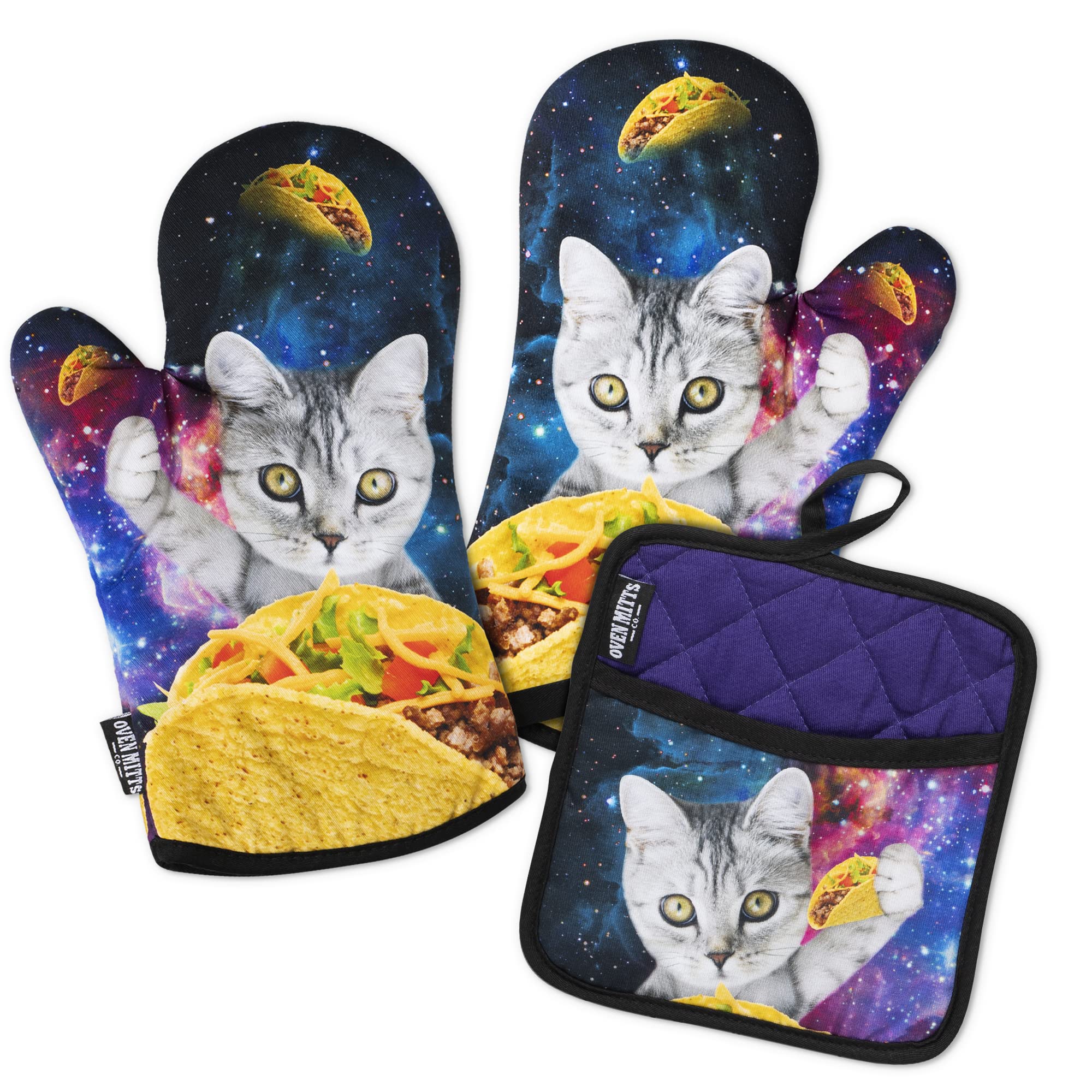 Oven Mitts Co. Galaxy Taco Cat, Oven Mitts and Pot Holder 3pcs Set, Insulated, 100% Cotton