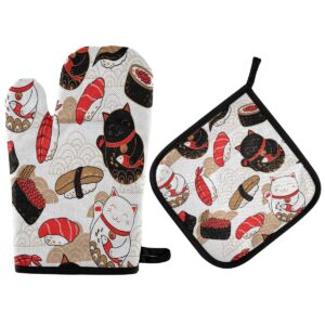 zzxxb maneki neko cat oven mitts and pot holders set of 2 heat resistant non-slip kitchen gloves for cooking baking barbecue grilling