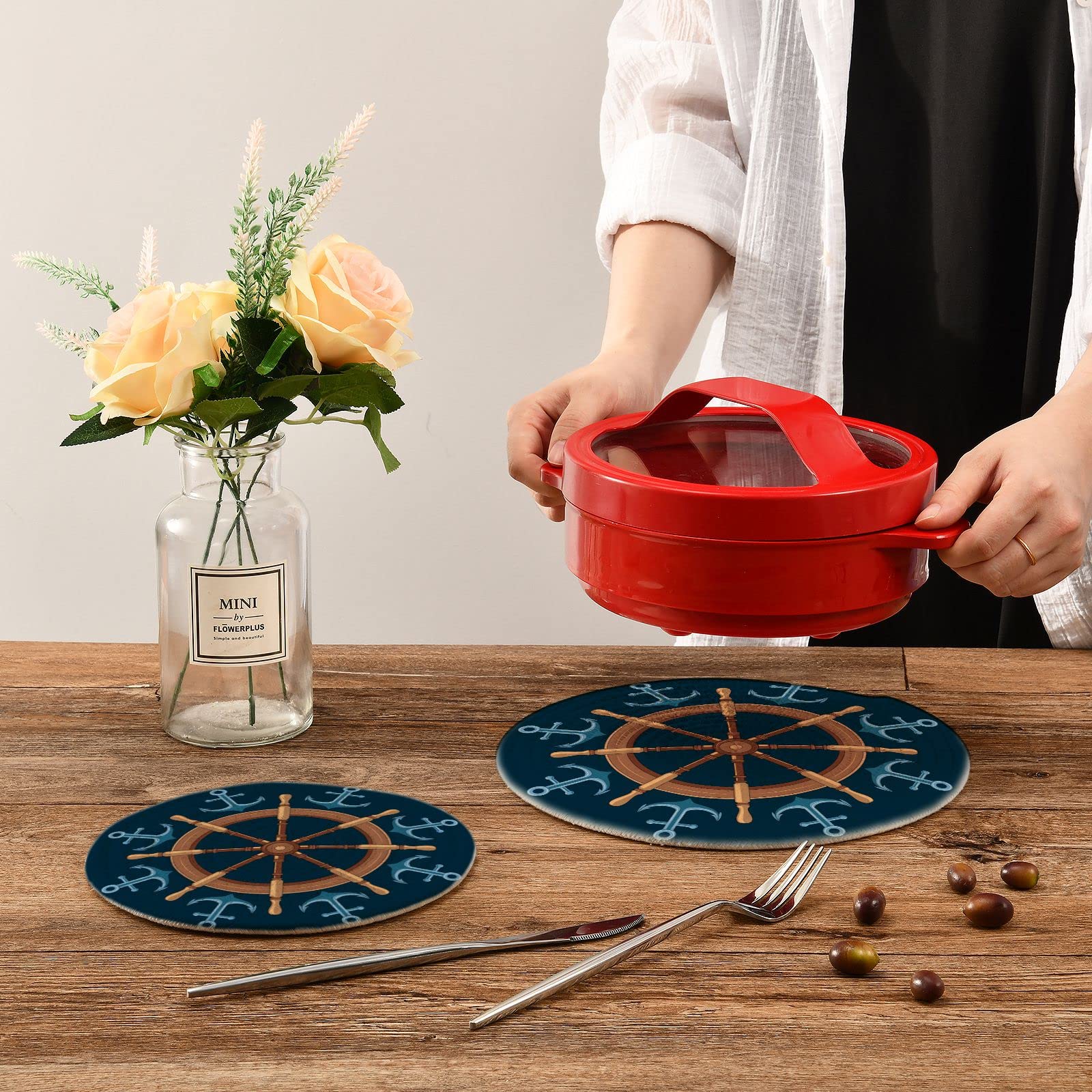 Wheel Ship Anchors Pot Holders for Kitchen Cotton Round Holder Set of 2 Heat Resistant Thread Weave Trivet Kitchen Hot Pads for Cooking Baking