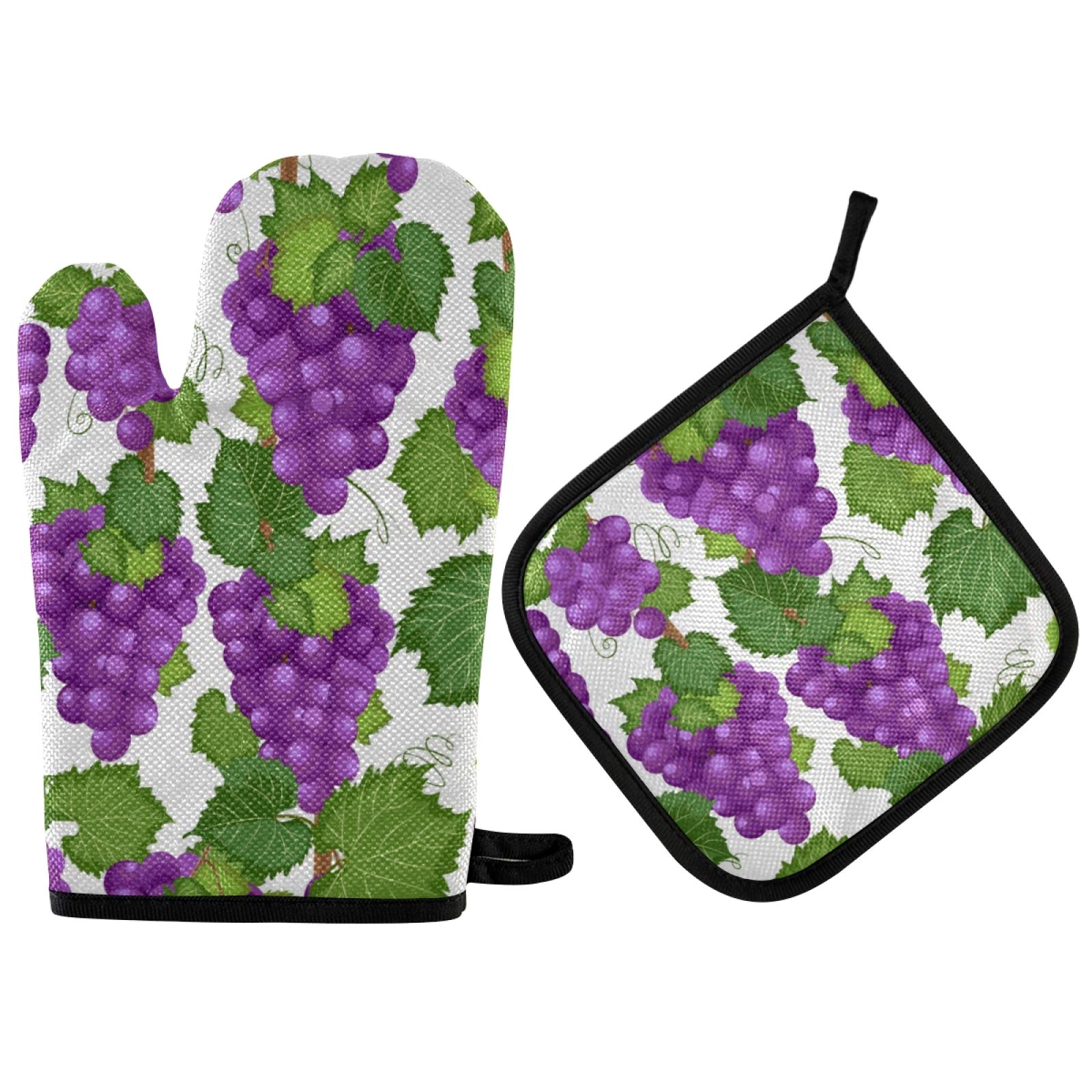 Dallonan Potholders and Oven Mitts Purple Grape Vine and Leaves Non Slip Heat Resistant Oven Mitts and Pot Holders Sets for Kitchens for Baking Finger Hand Wrist Protection, Polyester