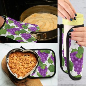 Dallonan Potholders and Oven Mitts Purple Grape Vine and Leaves Non Slip Heat Resistant Oven Mitts and Pot Holders Sets for Kitchens for Baking Finger Hand Wrist Protection, Polyester