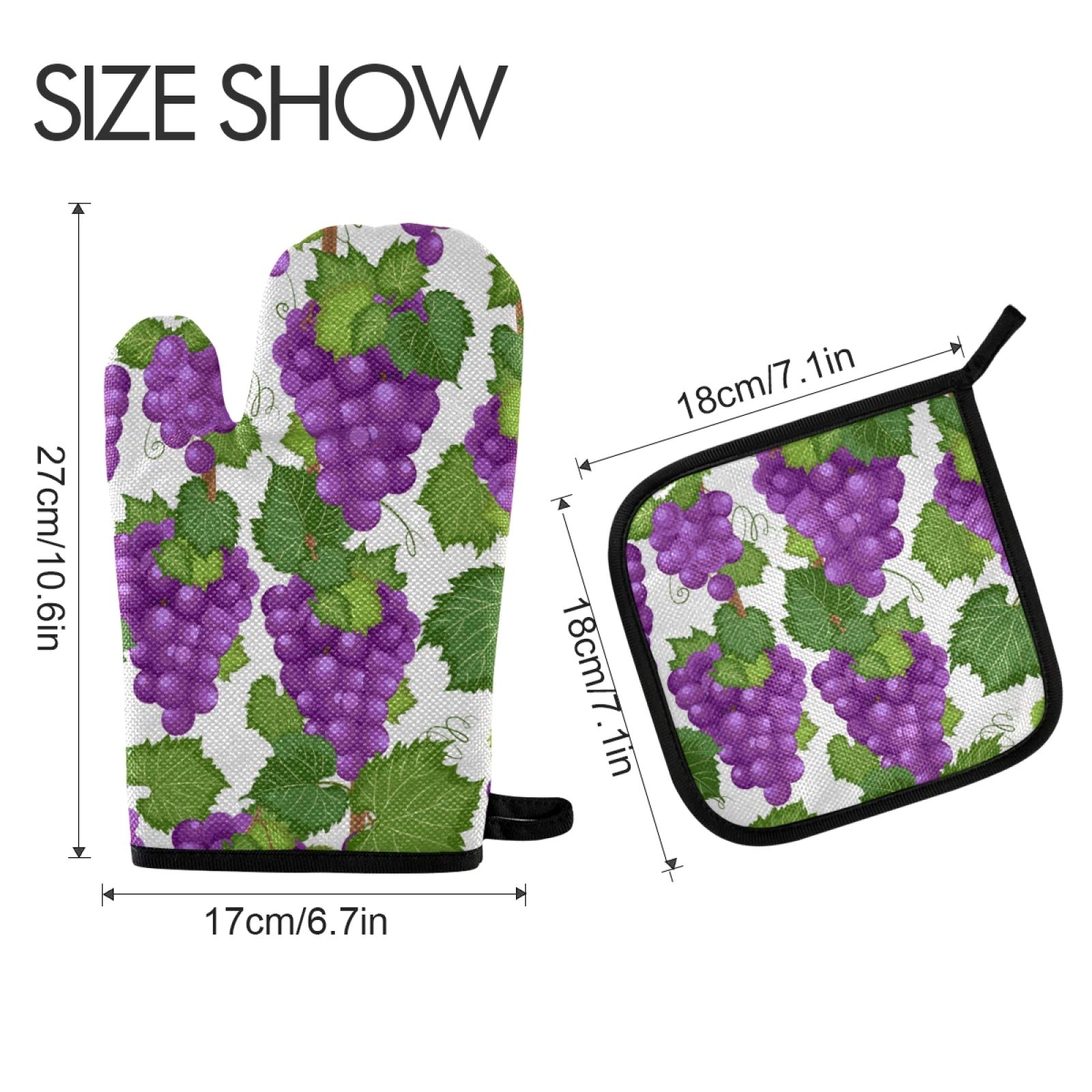 Dallonan Potholders and Oven Mitts Purple Grape Vine and Leaves Non Slip Heat Resistant Oven Mitts and Pot Holders Sets for Kitchens for Baking Finger Hand Wrist Protection, Polyester