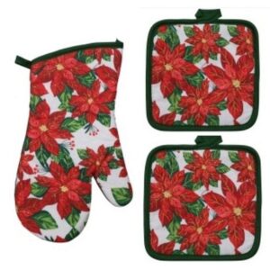 COCO Christmas Poinsettia Oven Mitt and Potholders Set, Holiday Kitchen Decor Baking Pot Holder Bundle (3 Pieces), Red