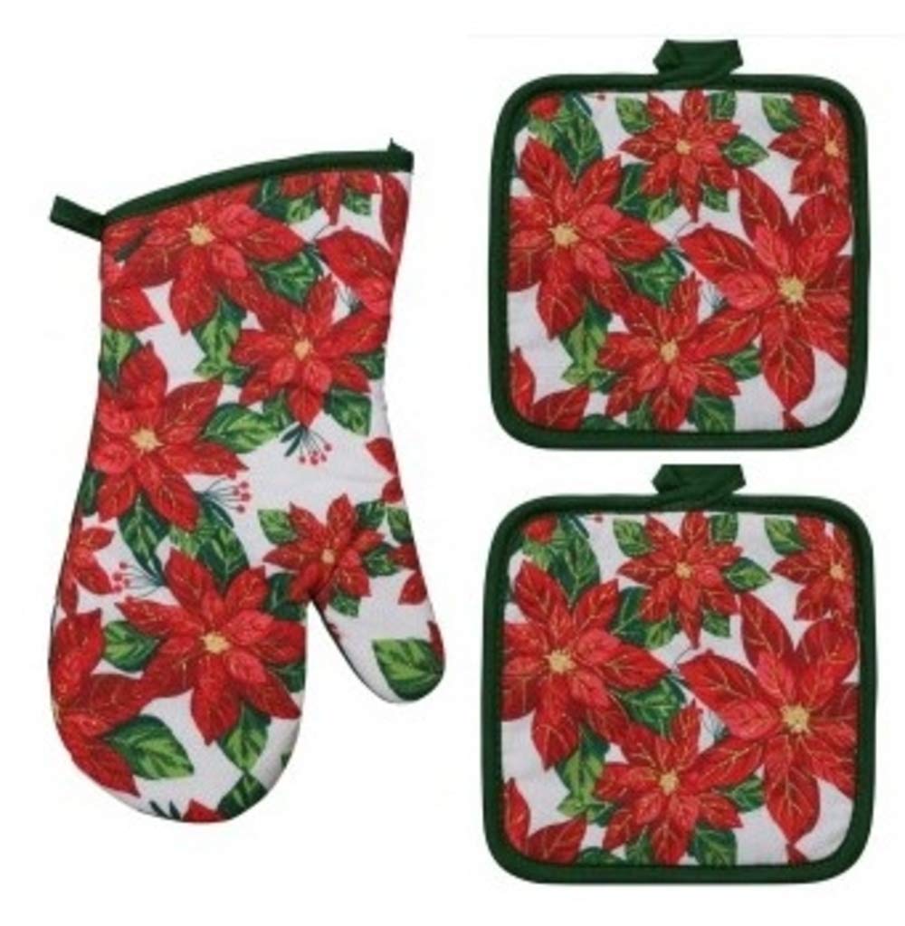 COCO Christmas Poinsettia Oven Mitt and Potholders Set, Holiday Kitchen Decor Baking Pot Holder Bundle (3 Pieces), Red