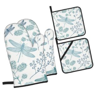 Dragonfly Oven Mitts and Pot Holders Sets,Washable Heat Resistant Kitchen Non-Slip Printed Grip Oven Gloves for Microwave BBQ Cooking Baking Grilling