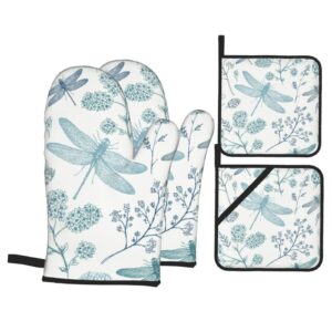 Dragonfly Oven Mitts and Pot Holders Sets,Washable Heat Resistant Kitchen Non-Slip Printed Grip Oven Gloves for Microwave BBQ Cooking Baking Grilling