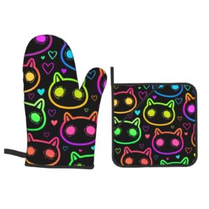 Oven Mitts and Pot Holders Sets of 4 High Heat Resistant Colorful Psychedelic Cat Oven Mitts with Oven Gloves and Hot Pads Potholders for Kitchen Baking Cooking BBQ Non-Slip Cooking Mitts